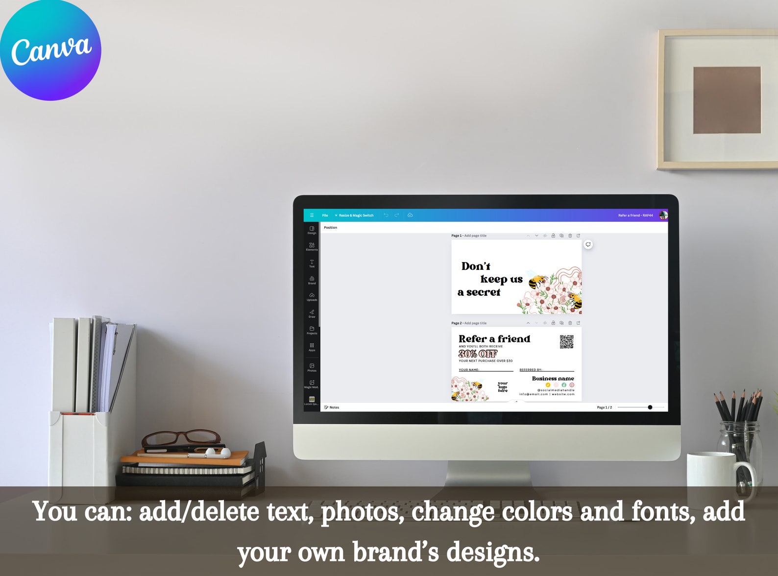 Retro Refer A Friend Canva Template, Floral & Bee Discount Card ...