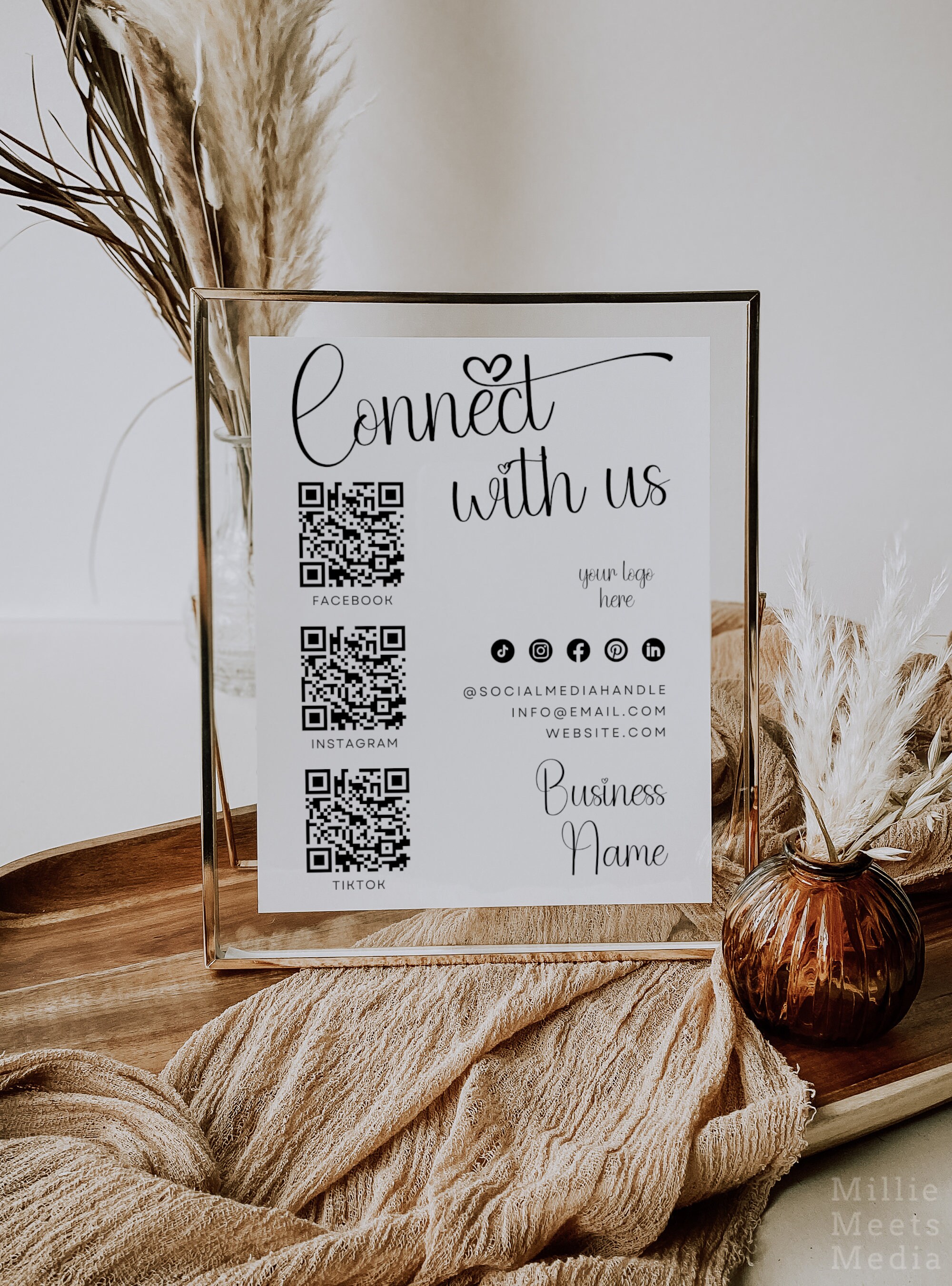 Social Media Sign Canva Template | Editable Connect With Us Sign | QR ...
