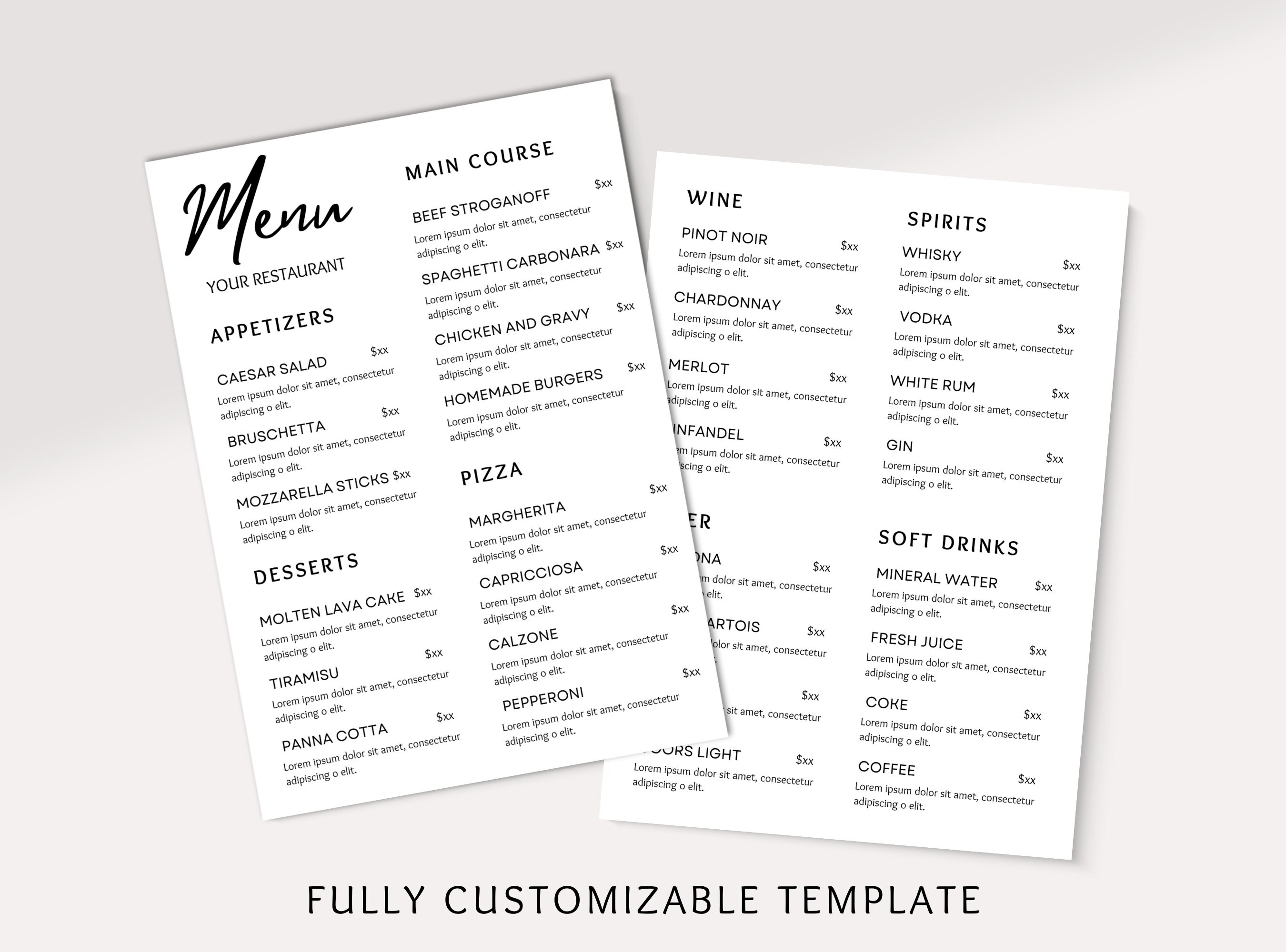 Restaurant Menu Template Simple Restaurant Menu Bundle Editable Menu ...