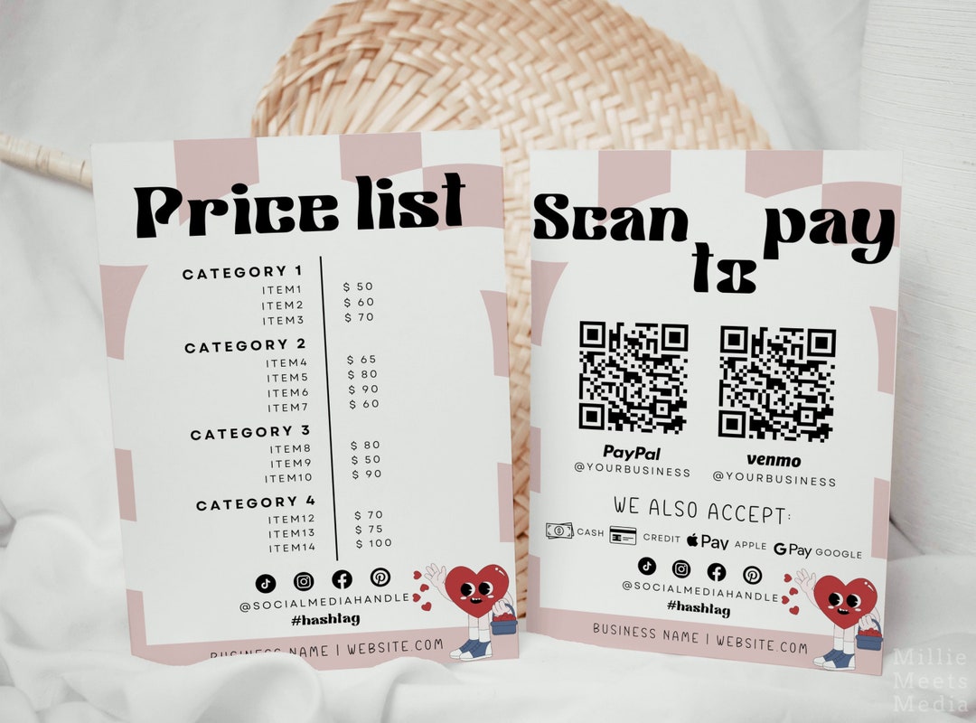 Retro Price List Template & Scan to Pay Sign in Pink | Price List Flyer ...