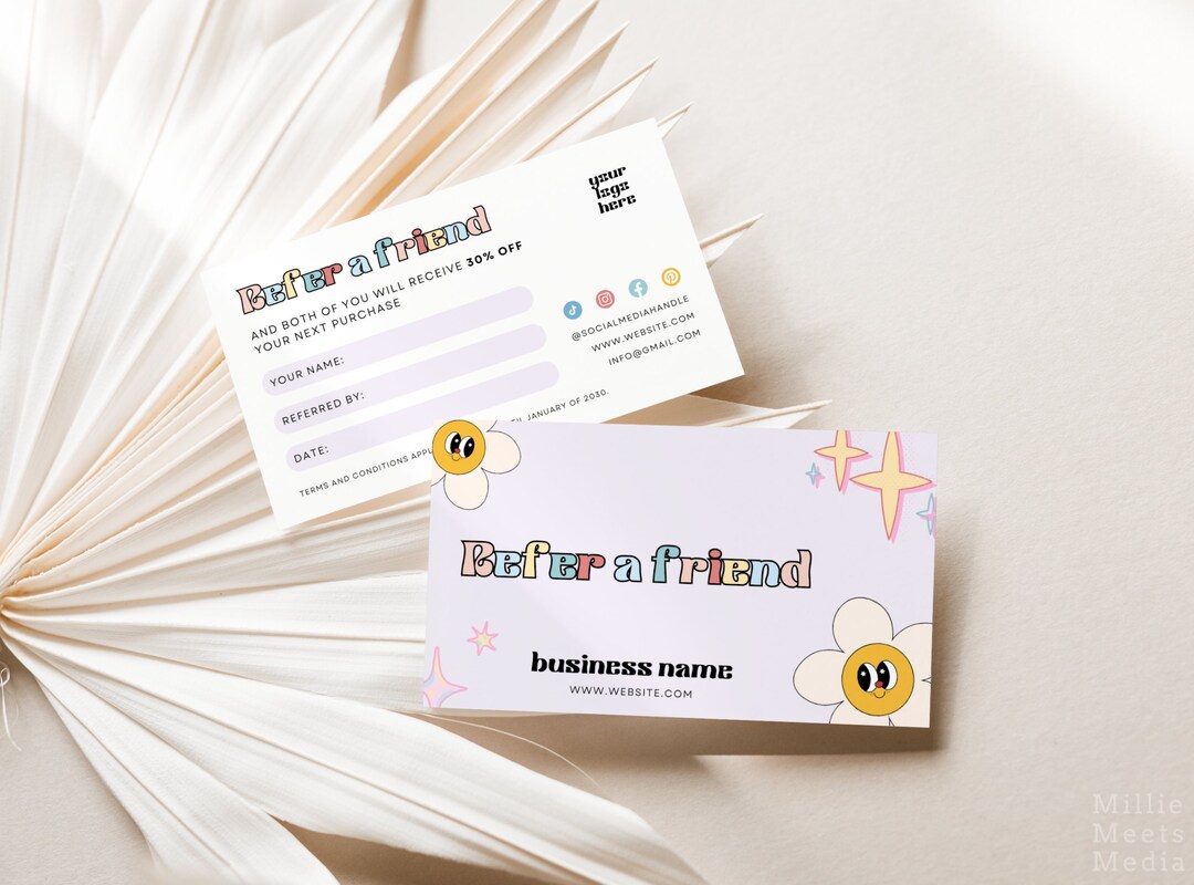 Retro Refer A Friend Canva Template | Colorful Daisy Discount Card ...