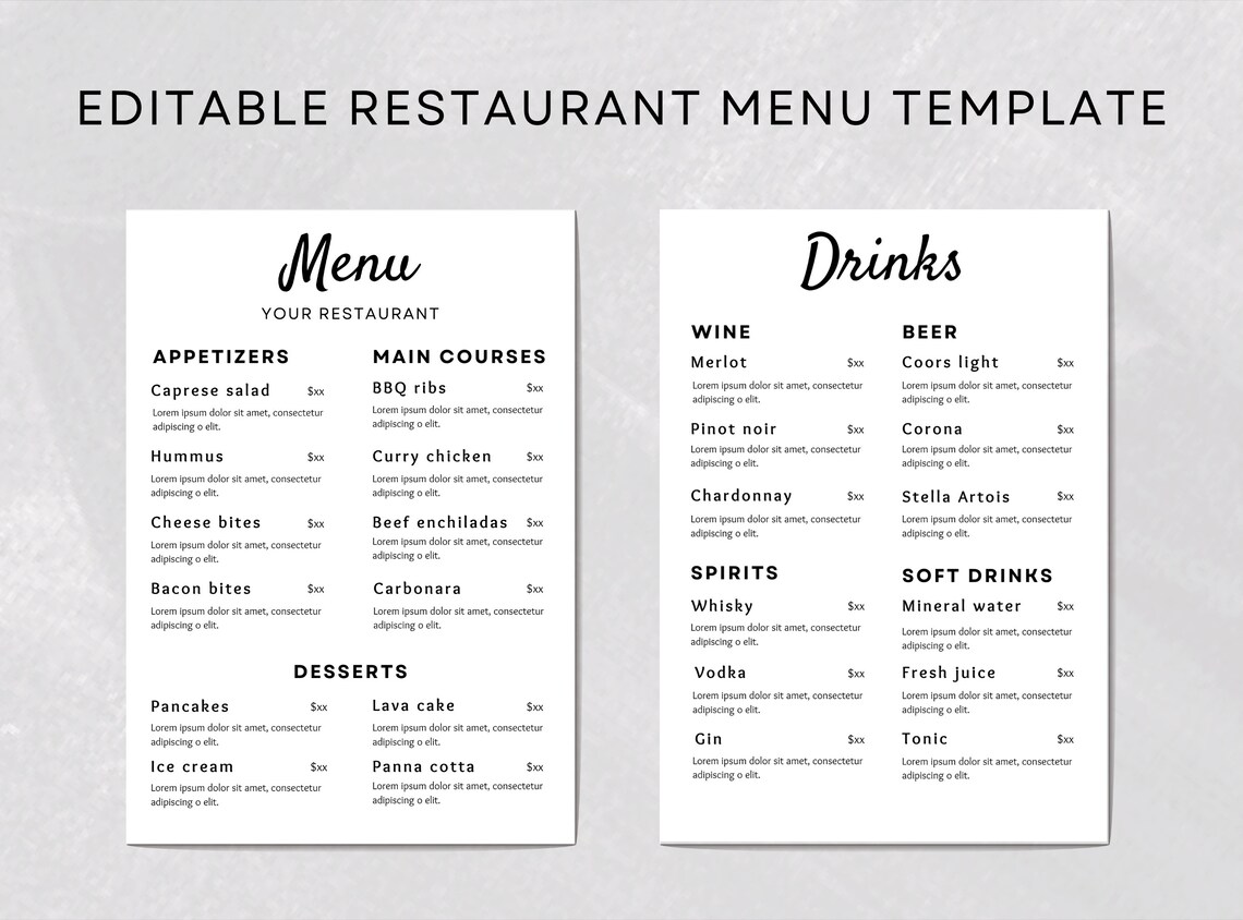 Modern Menu Template Canva Restaurant Menu Template Editable Menu ...