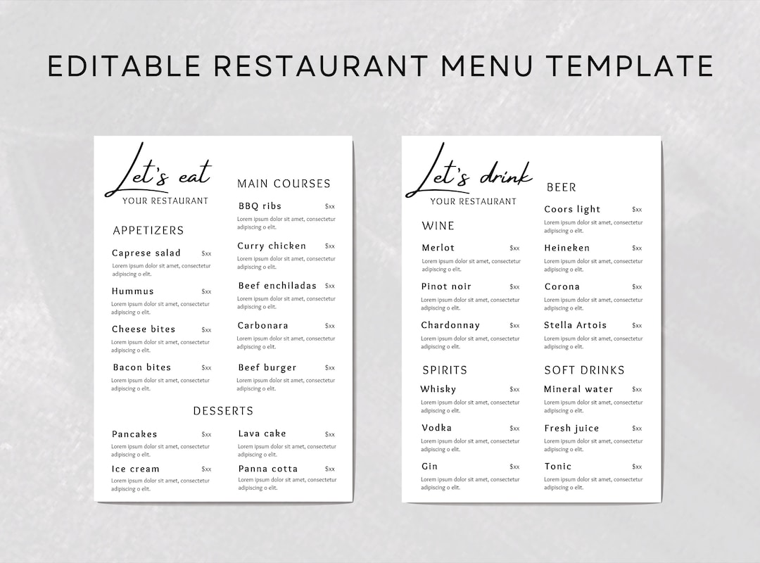 Modèle de menu de restaurant | Téléchargement instantané PDF ...