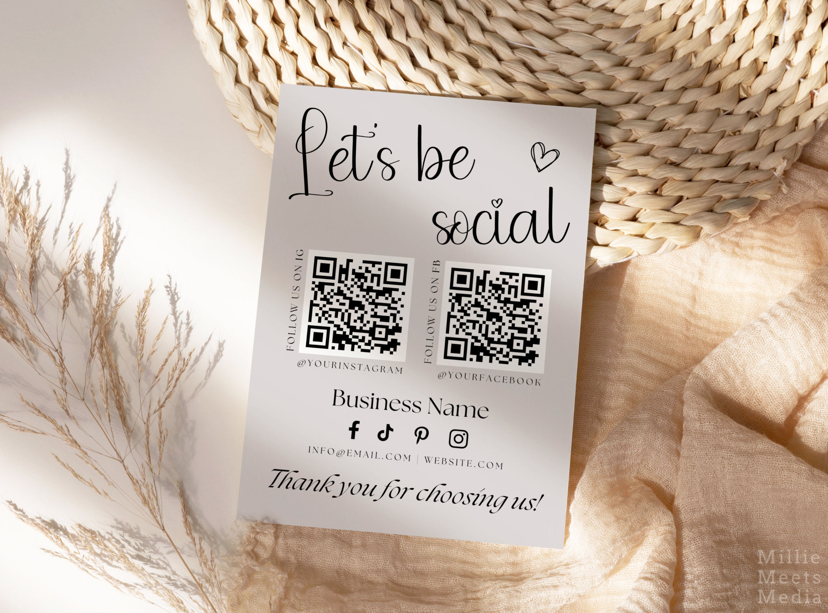 Boho Social Media Sign Canva Template | Printable Let's Get Social ...