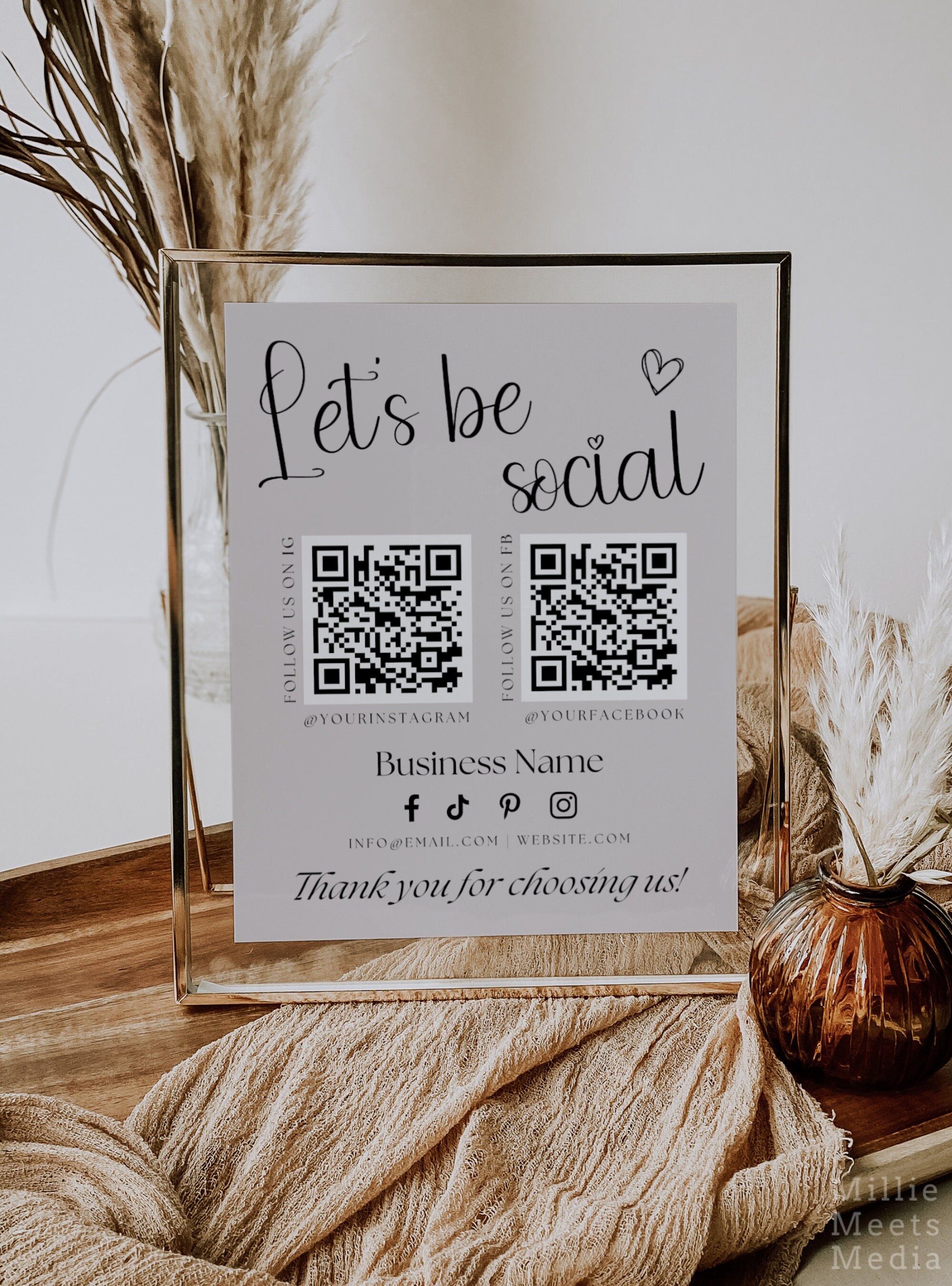 Boho Social Media Sign Canva Template | Printable Let's Get Social ...