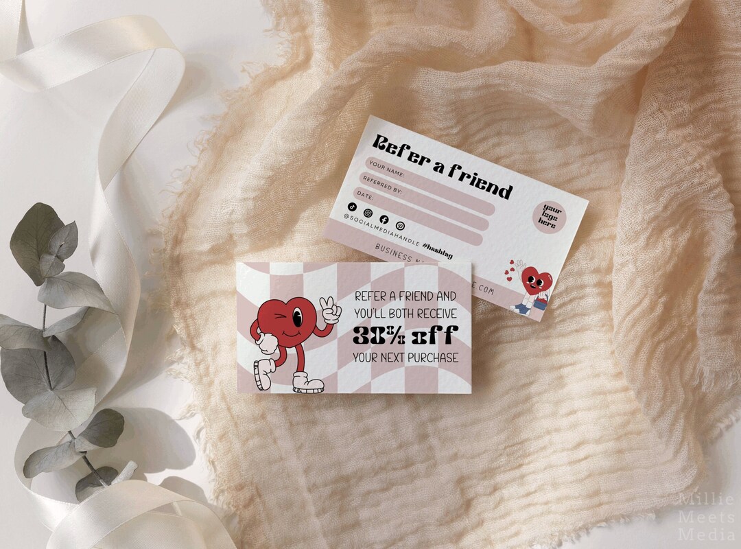 Retro Pink Refer A Friend Business Card Template | Printable Client ...