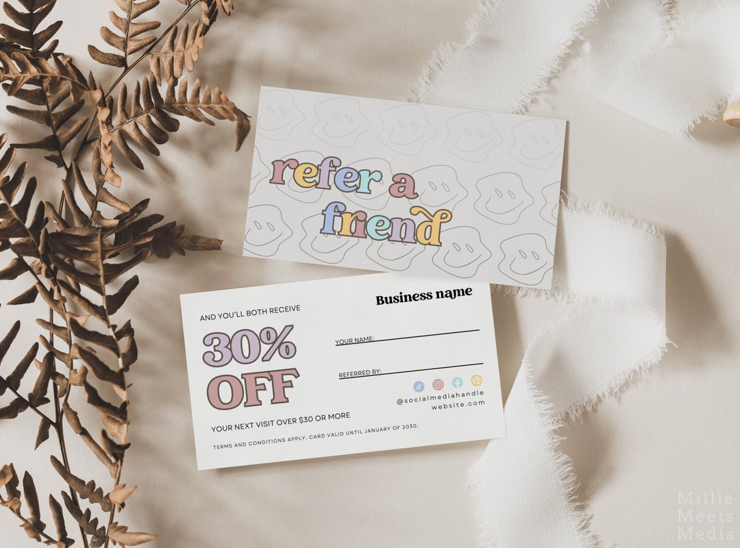 Retro Referral Card Canva Template | Editable Rainbow Discount Card ...