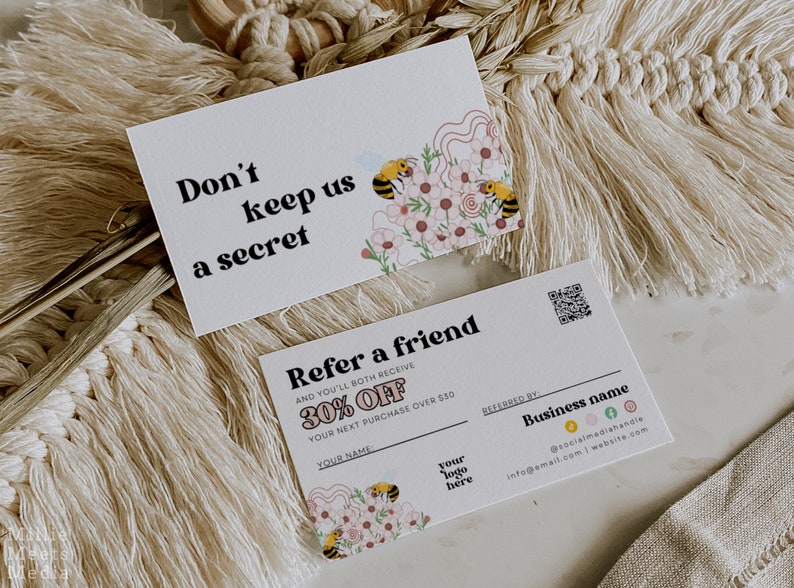 Retro Refer A Friend Canva Template, Floral & Bee Discount Card ...