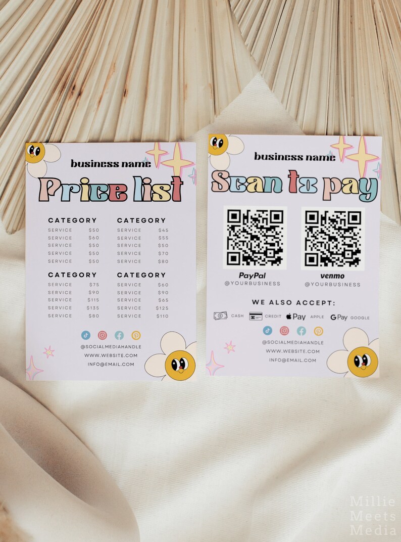 Colorful Price List Template & Scan to Pay Sign | Retro Summer Vibes ...