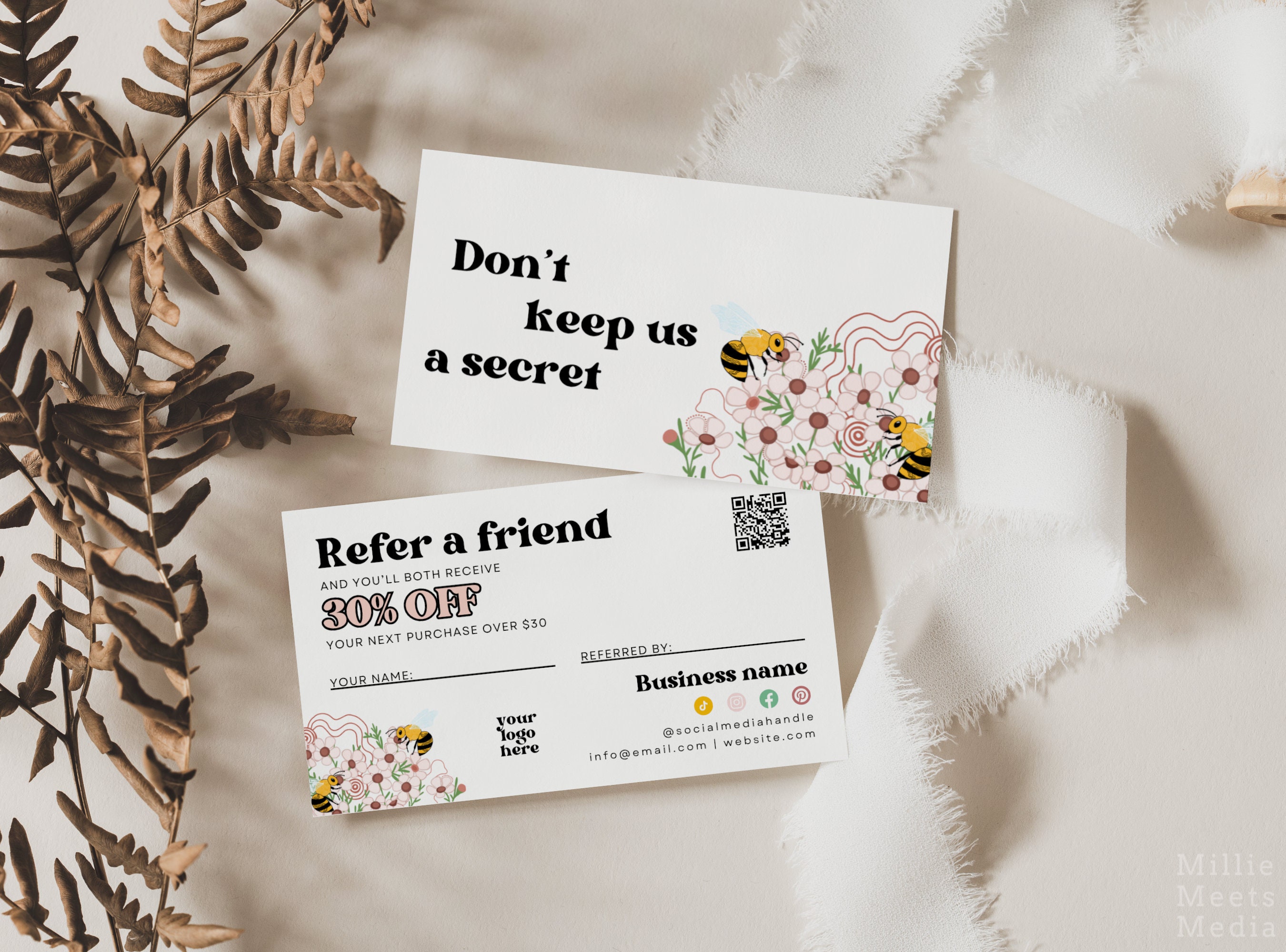 Retro Refer A Friend Canva Template, Floral & Bee Discount Card ...