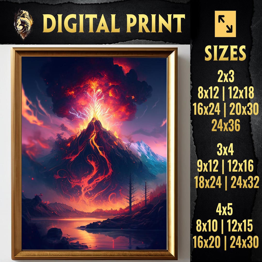 Fantasy Volcano Erupting Digital Print Vibrant and Dramatic Landscape ...
