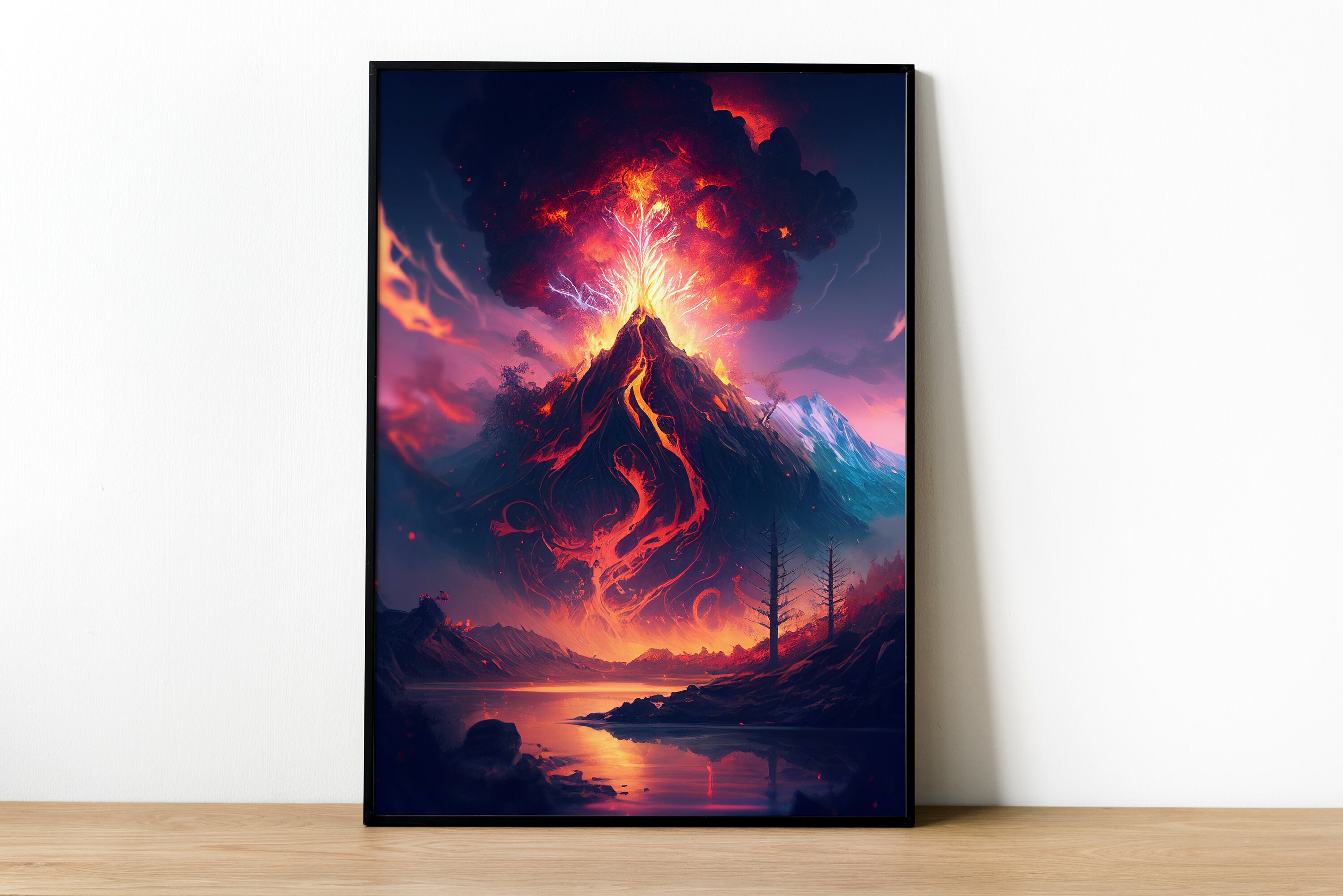 Fantasy Volcano Erupting Digital Print - Vibrant and Dramatic Landscape ...