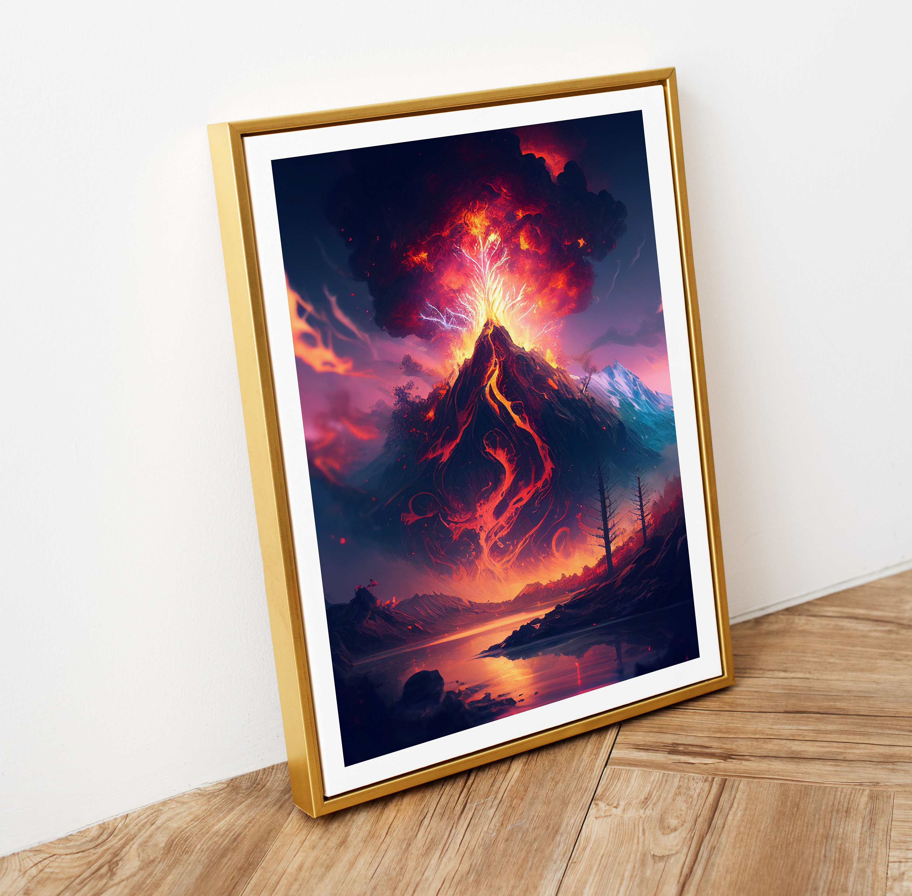 Fantasy Volcano Erupting Digital Print - Vibrant and Dramatic Landscape ...