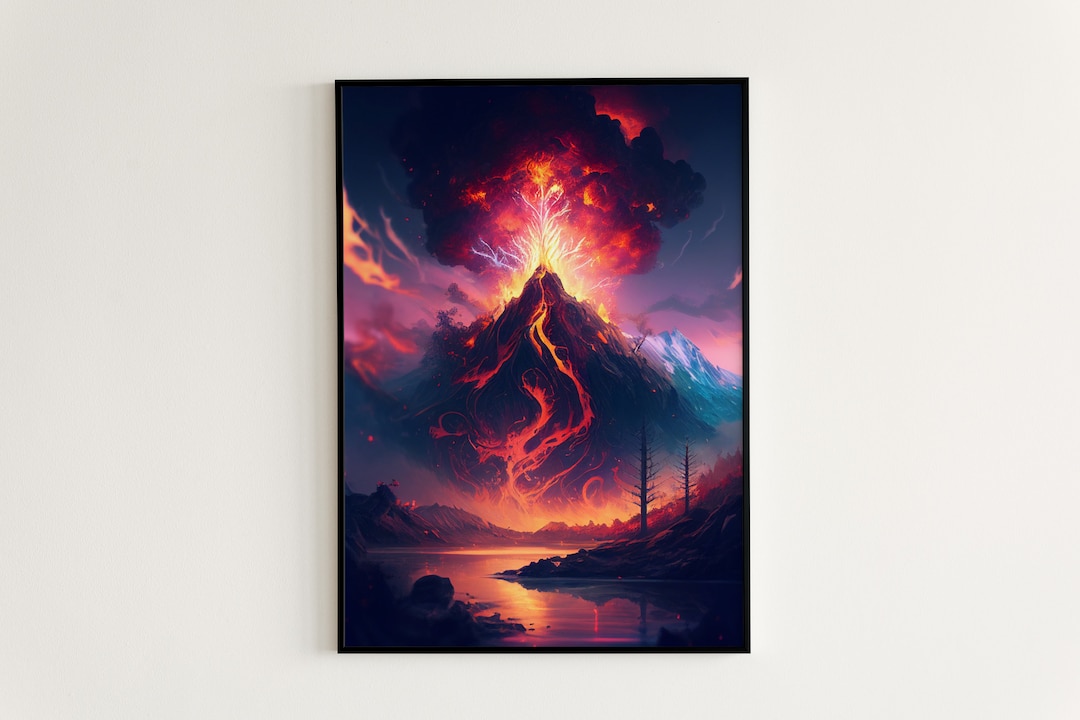 Fantasy Volcano Erupting Digital Print Vibrant and Dramatic Landscape ...