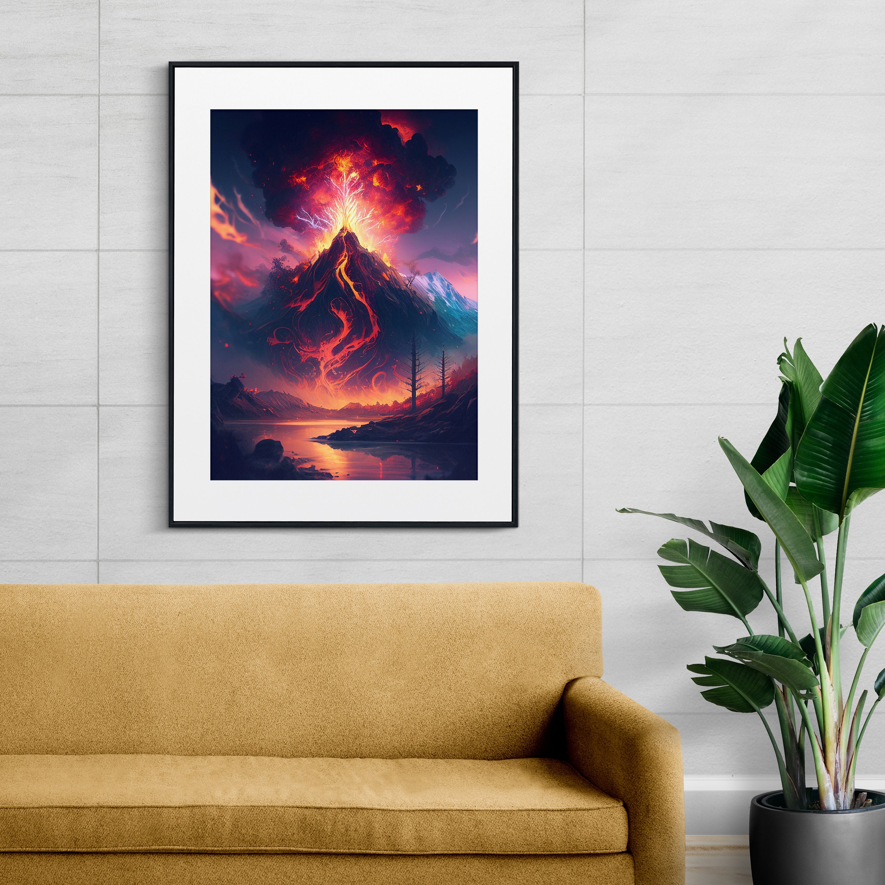 Fantasy Volcano Erupting Digital Print - Vibrant and Dramatic Landscape ...
