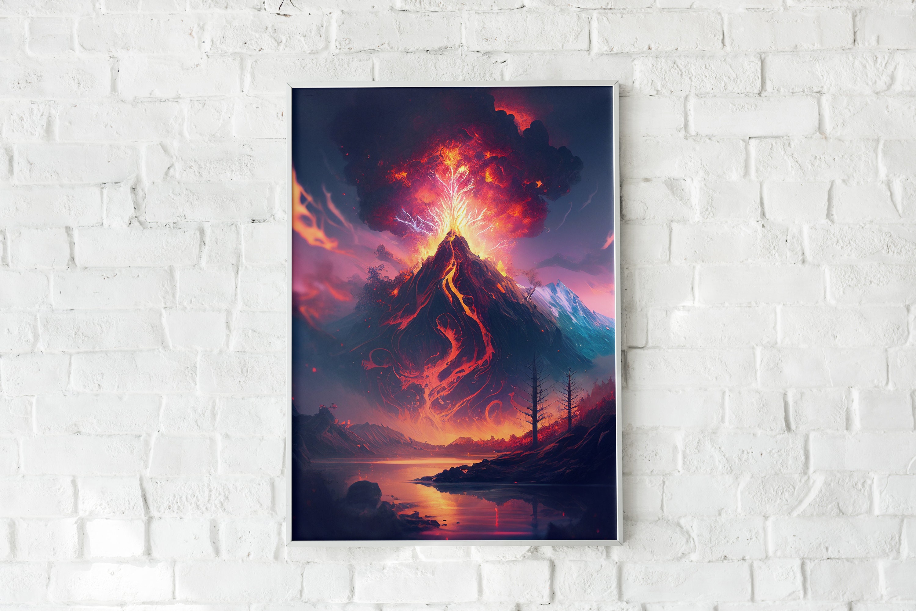 Fantasy Volcano Erupting Digital Print - Vibrant and Dramatic Landscape ...