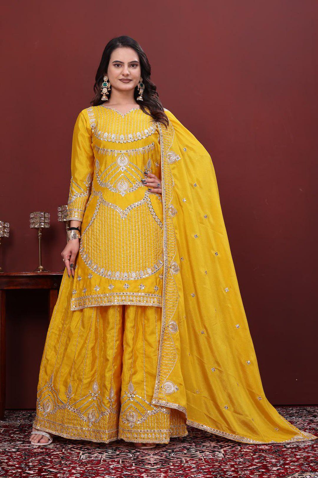 Yellow Celebration Outfit for Women, Chinon Sequin Work Kurta Sharara ...
