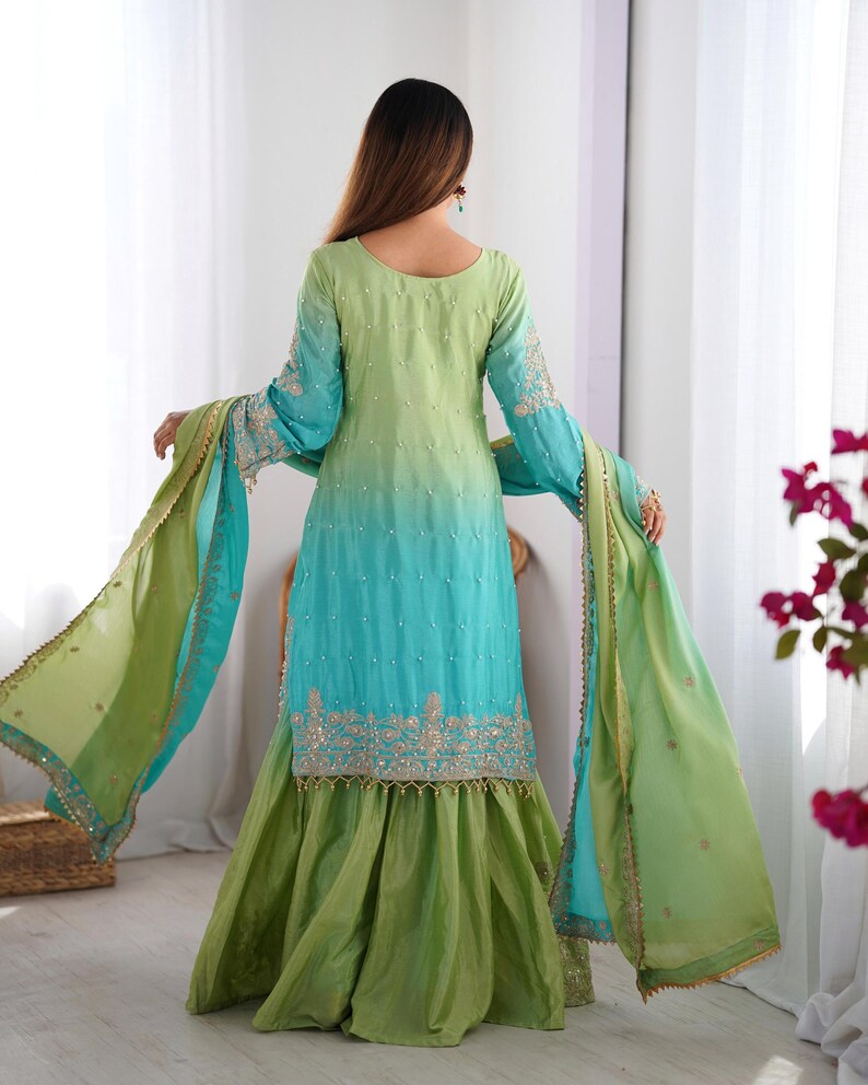 Blue & Light Green Chinon Silk Sharara Set, Front-back Coding Dori ...