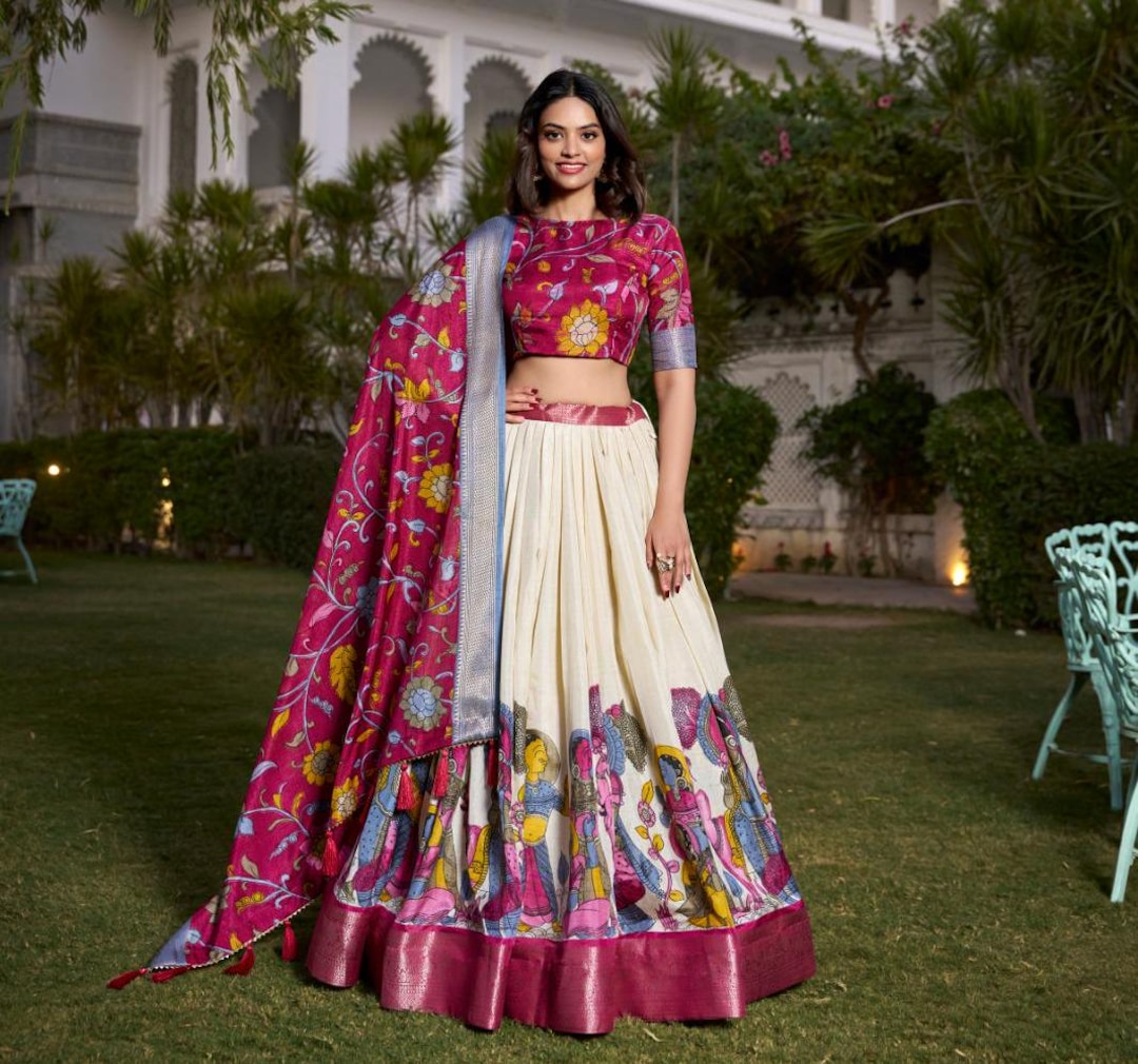 Dola Silk off White Lehenga Choli Set for Women USA, Kalamkari Print ...