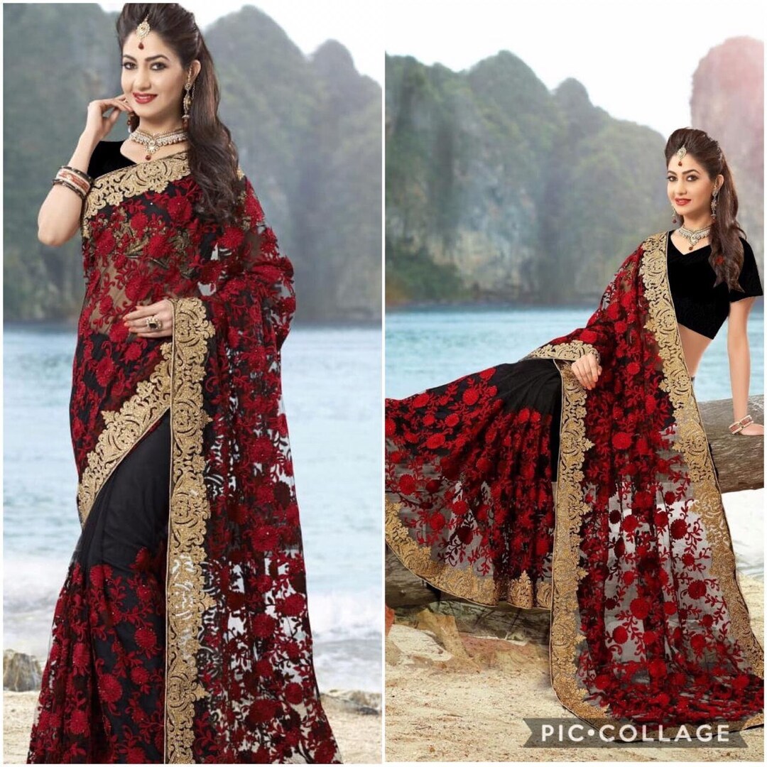 New Mono Net Saree With Chain Stitch Work,party Wear Black Saree for ...