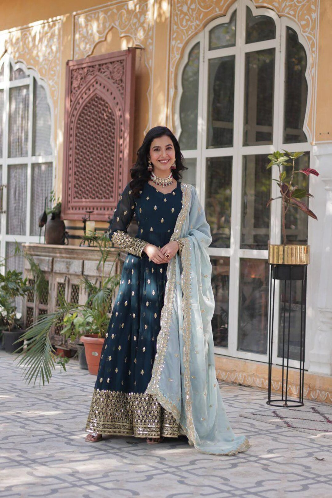 Elegant Morpeach Anarkali Gown Dress for Women, Bridesmaid Gown for ...