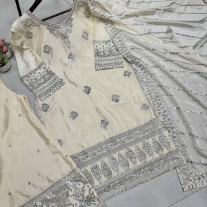 Off White and Cream Sharara Suit for Women, Embroidered Chinon Palazzo ...