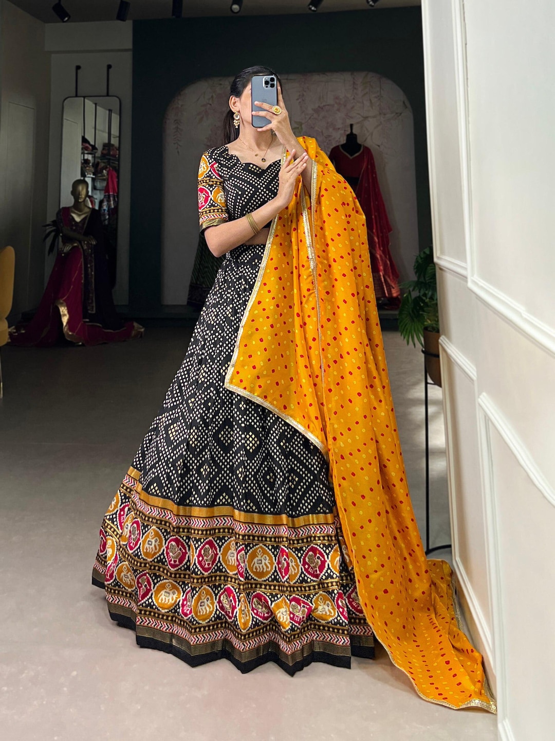 Bandhej and Patola Print Black Lehenga Choli for Women, Tussar Silk ...