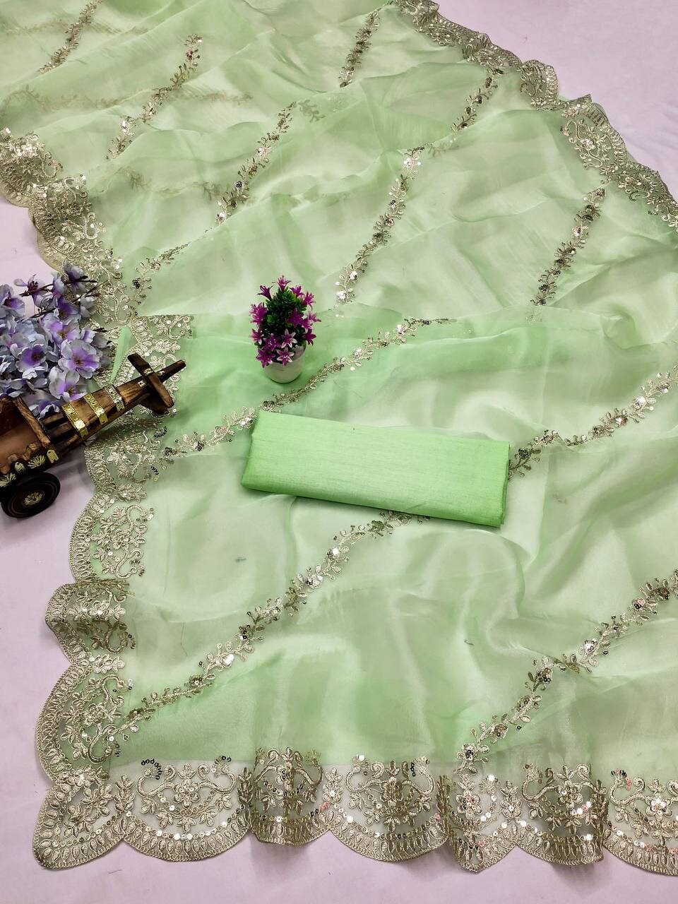 Organza Silk Green Color Saree for Women Us,party Wear Saree for ...