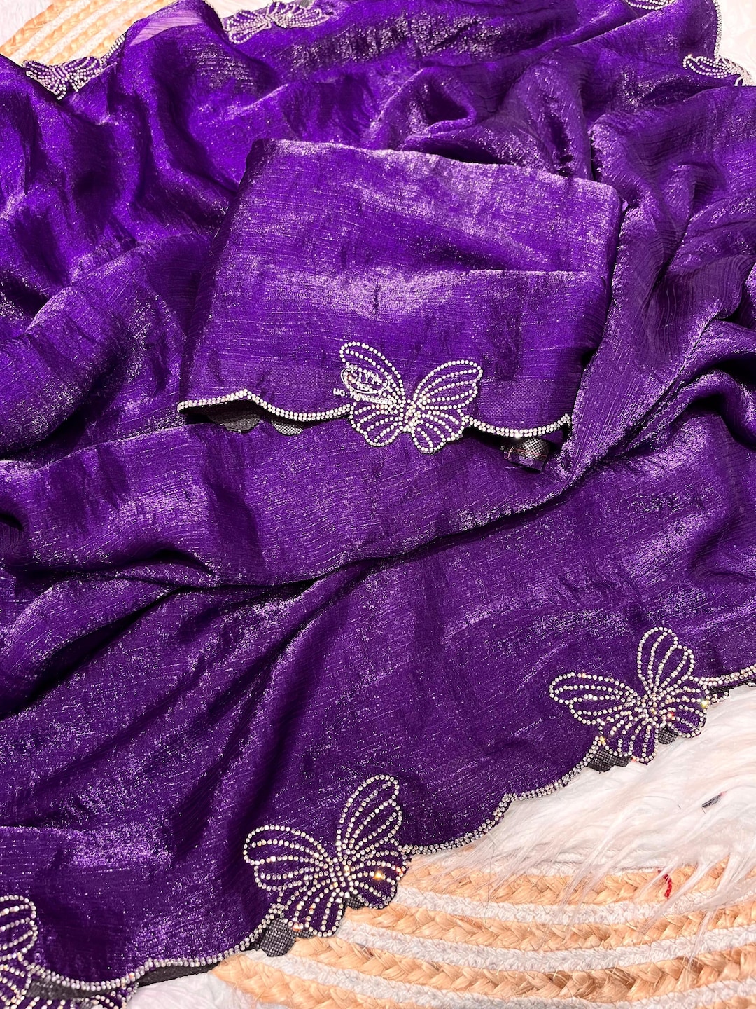 Purple Fandy Chiffon Saree, Jarkan Swarovski Butterfly Work, Designer ...