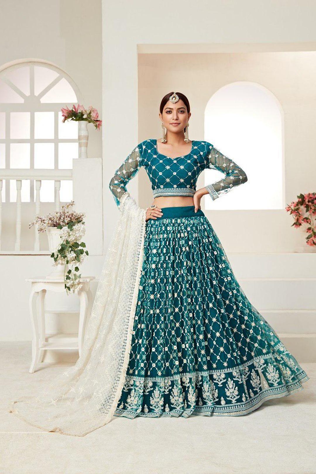 Teal Blue Bridal Lehenga Choli for Wedding, Designer Sequin Lehenga for ...
