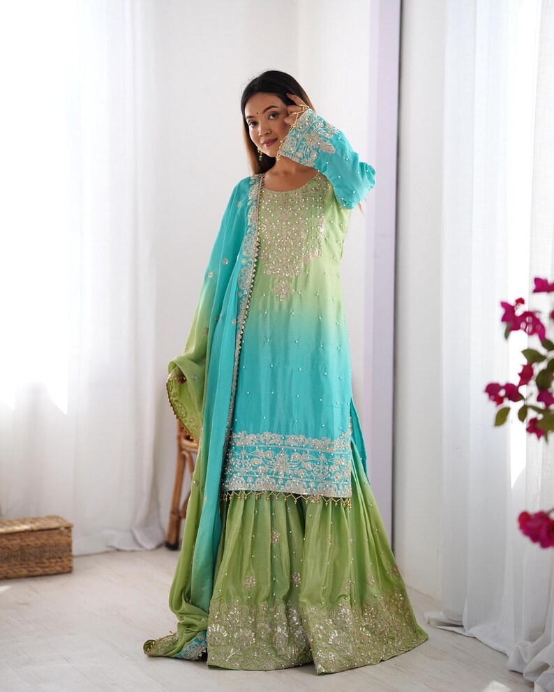Blue & Light Green Chinon Silk Sharara Set, Front-back Coding Dori ...