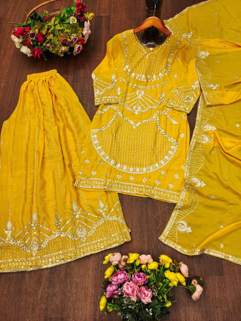 Yellow Celebration Outfit for Women, Chinon Sequin Work Kurta Sharara ...