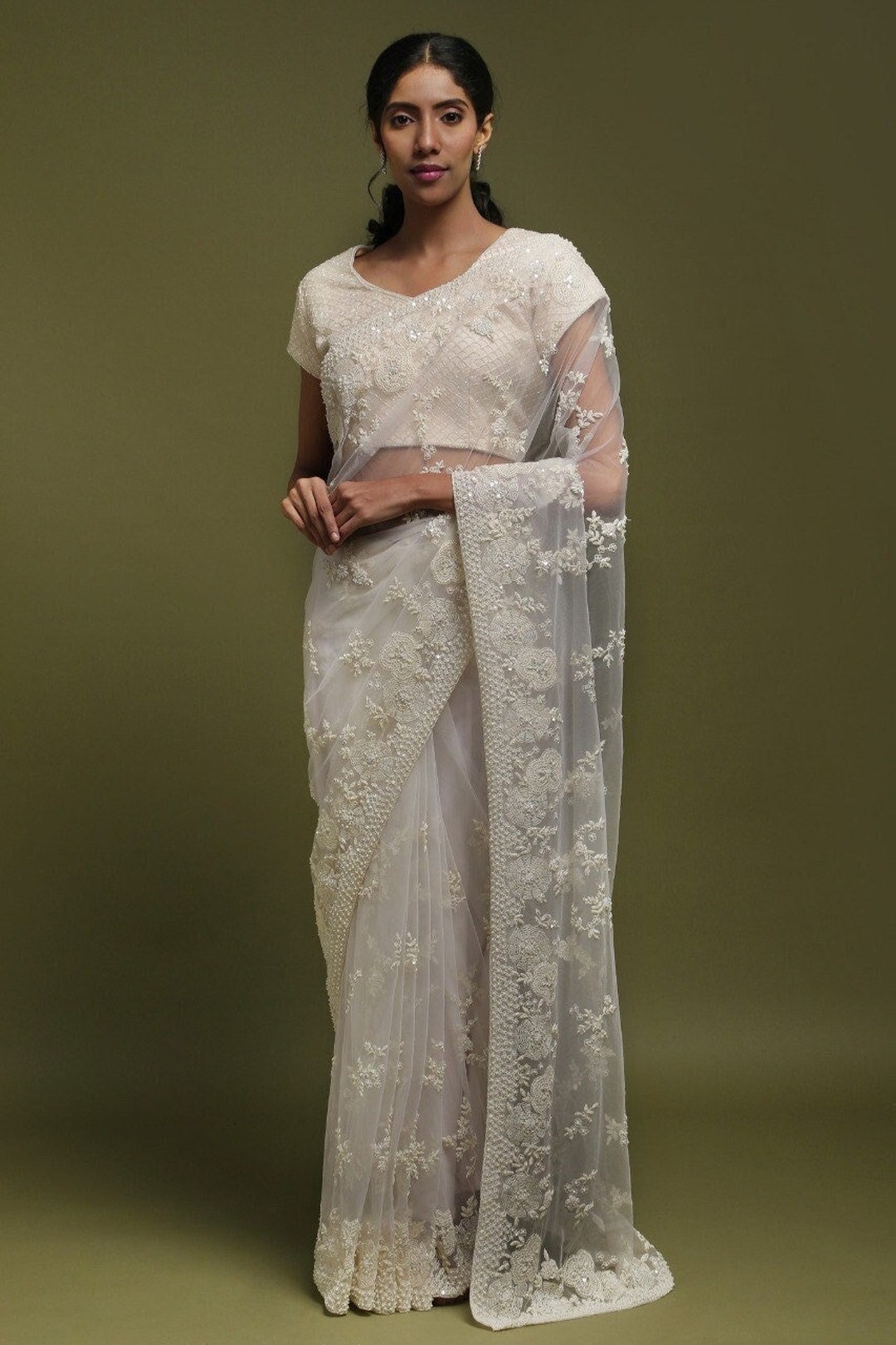 Designer White Color Mono Net Saree for Women Sequence Saree - Etsy