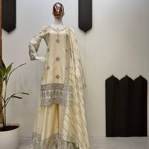 Off White and Cream Sharara Suit for Women, Embroidered Chinon Palazzo ...