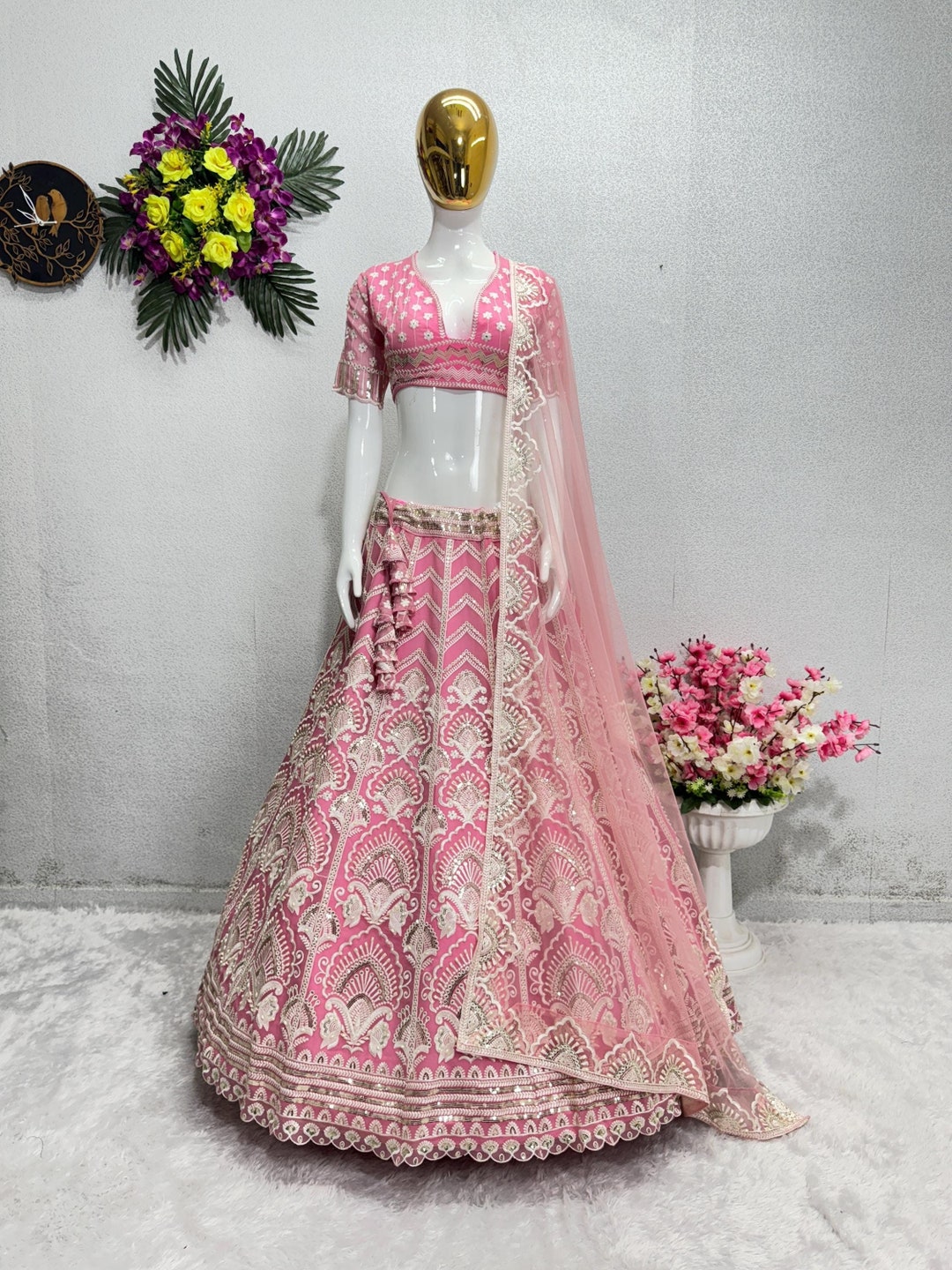 Light Pink Lehenga Choli for Wedding, Designer Lengha With Heavy Thread ...