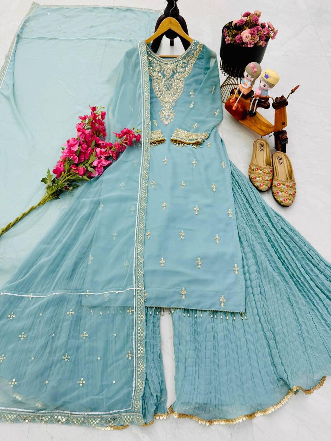 Sky Blue Sharara Set With Dupatta | Embroidered Faux Georgette Suit ...