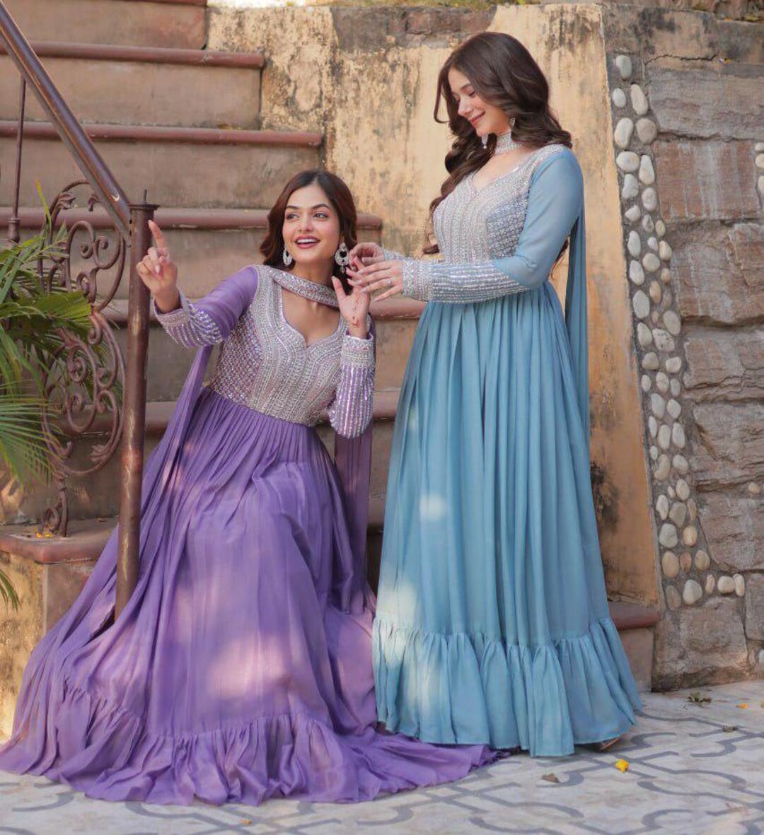 Party Wear Sky Blue Gown Dress for Girls, Indian Wedding Gown With ...