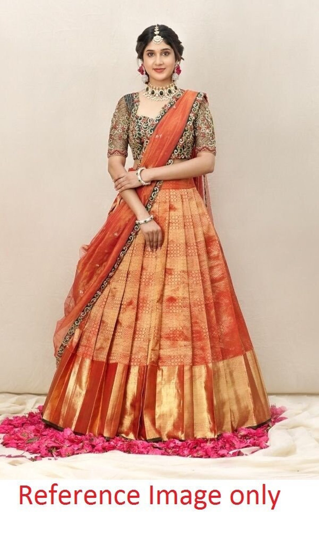 South Indian Half Saree, Orange Half Saree for Women, Kanchipuram Silk ...