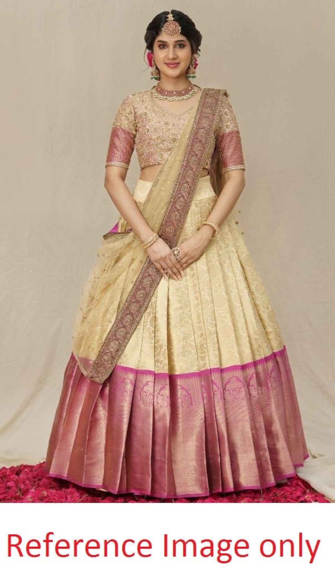 Kanchipuram Silk Half Saree for Women, South Indian Cream Half Saree ...