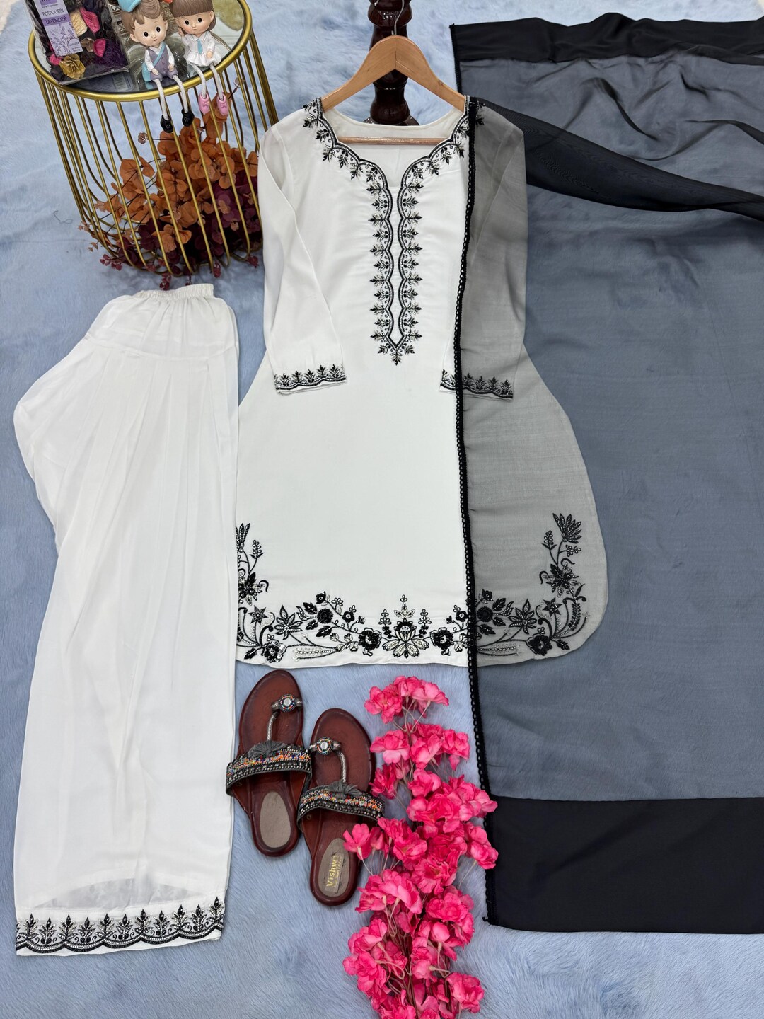 Elegant Off-white Sharara Suit for Women USA | Designer Crepe Palazzo ...