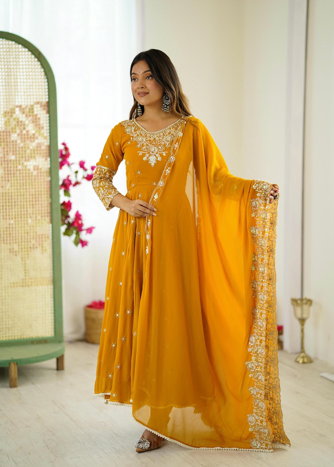 Indian Ethnic Yellow Anarkali Set, Party Wear Gown With Bottom ...