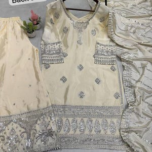 Off White and Cream Sharara Suit for Women, Embroidered Chinon Palazzo ...