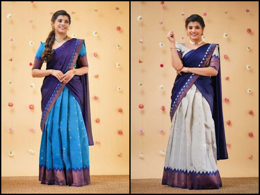 Kanchipuram Silk Half Saree for Women,off White and Blue Half Saree for ...