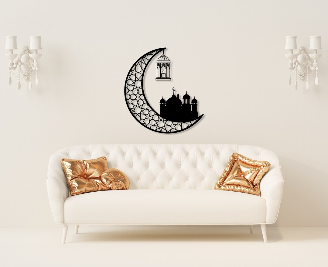 Metal Crescent With Mosque Wall Art, Metal Islamic Candle Holder, Eid ...