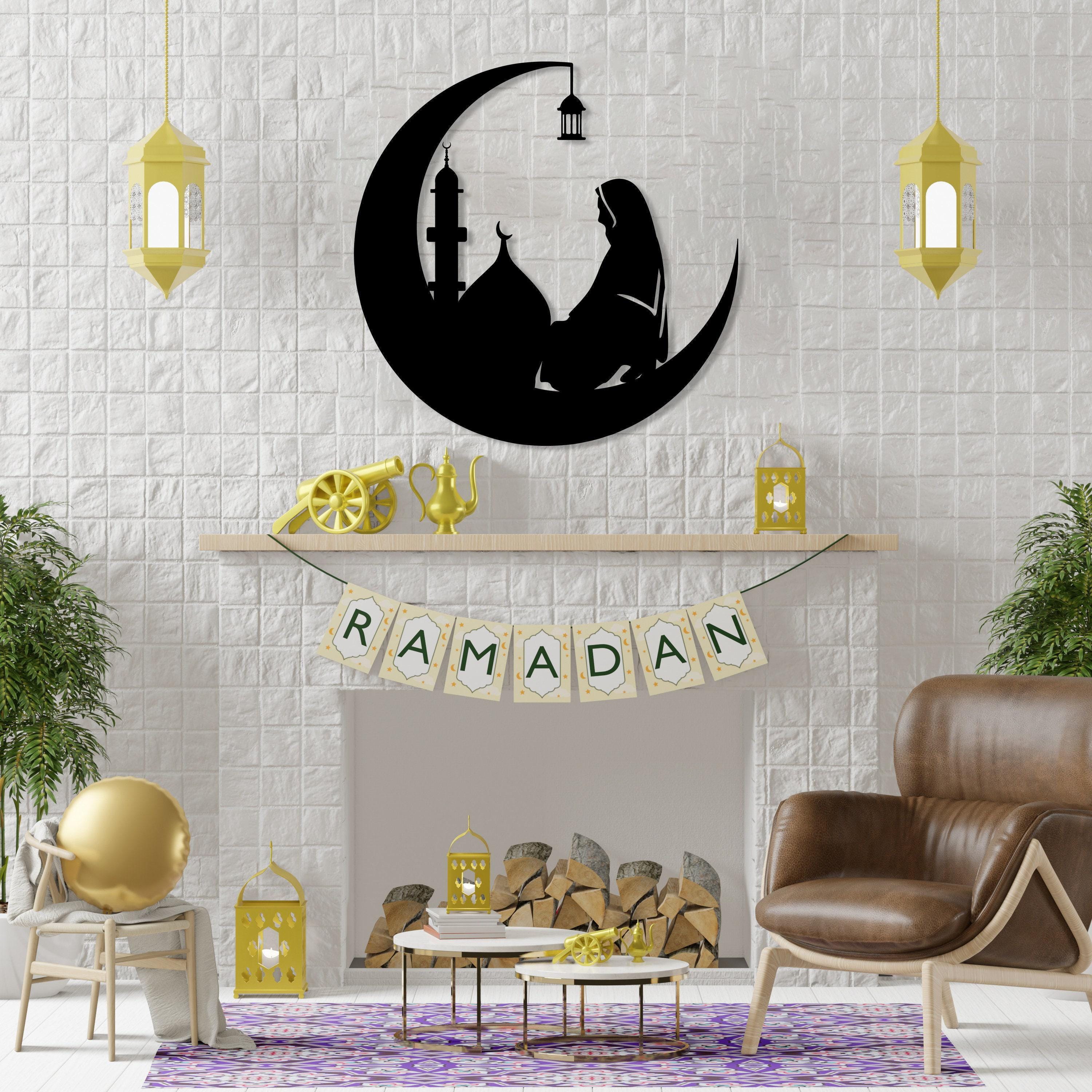 Muslim Woman Praying Metal Wall Art, Crescent Moon Islamic Wall Decor ...