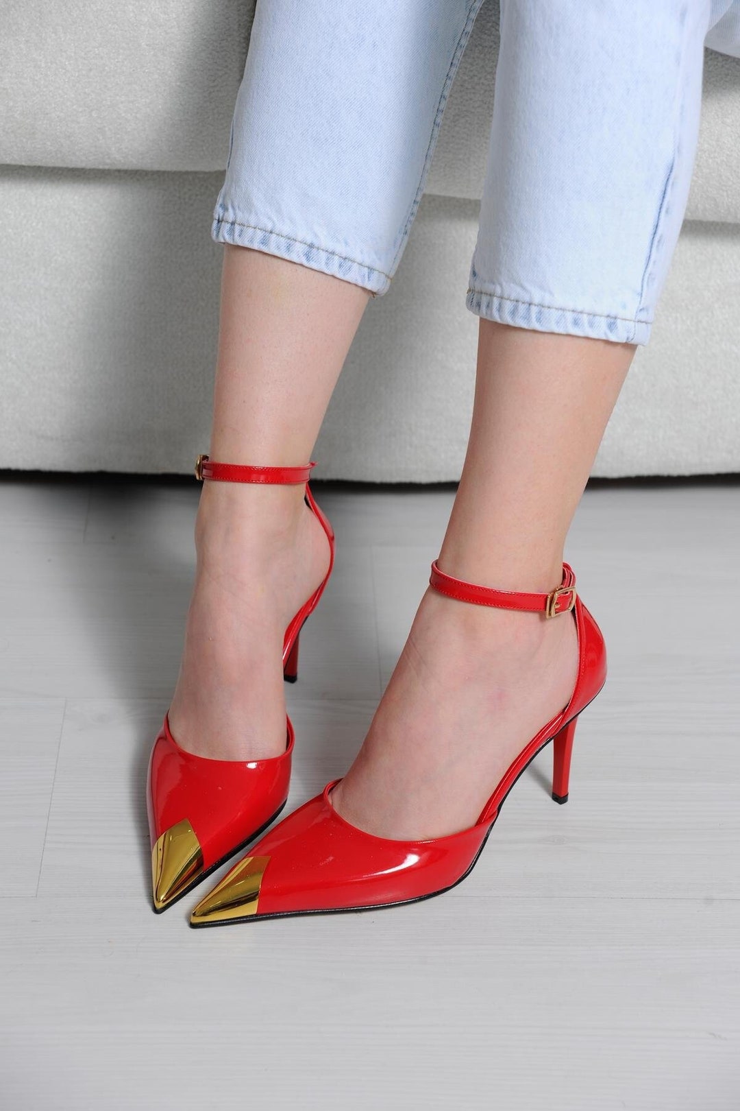 Vanessa Red Pointed Toe Stiletto Sandals 9 Cm Patent Leather Heel ...