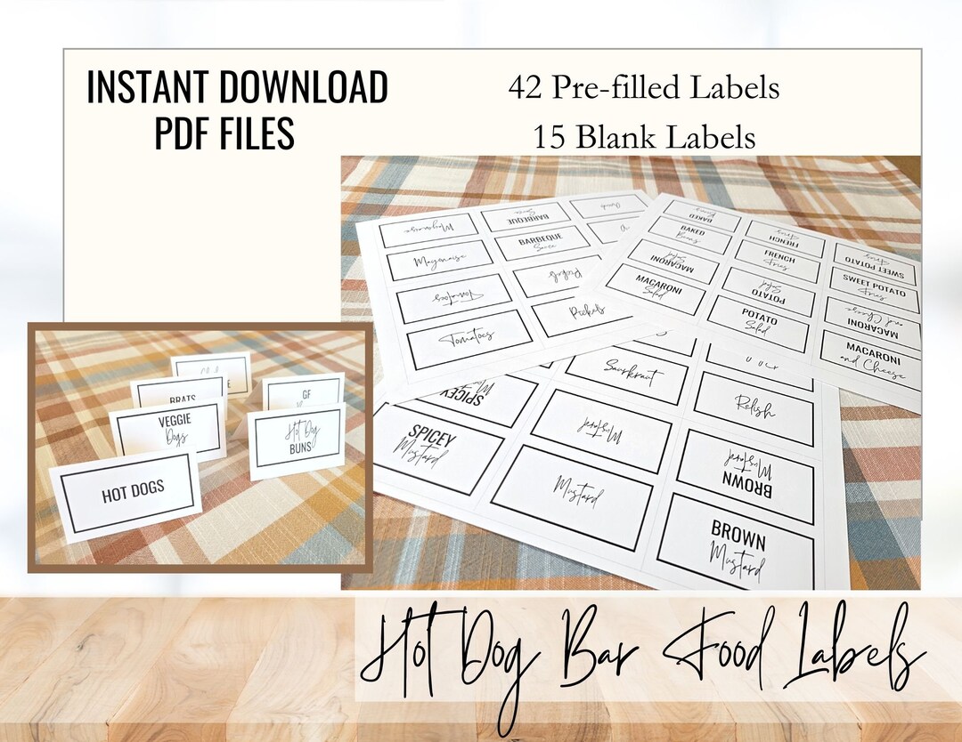 Hot Dog Bar Food Labels, Fireside Party Food Labels, Buffet Labels, Hot ...