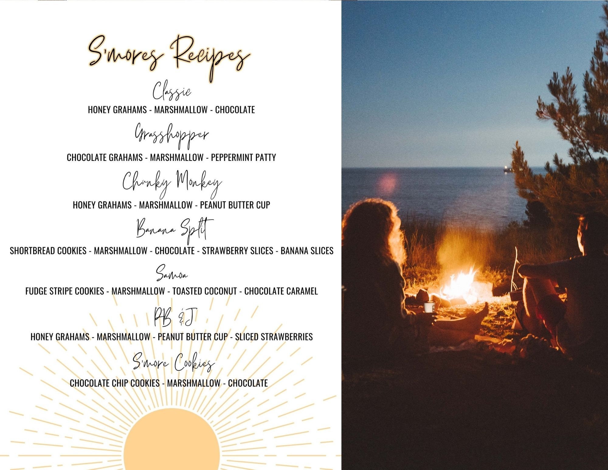Smores Party Menu Sign, S'mores Ideas Menu, S'more Bar Sign for Bonfire ...