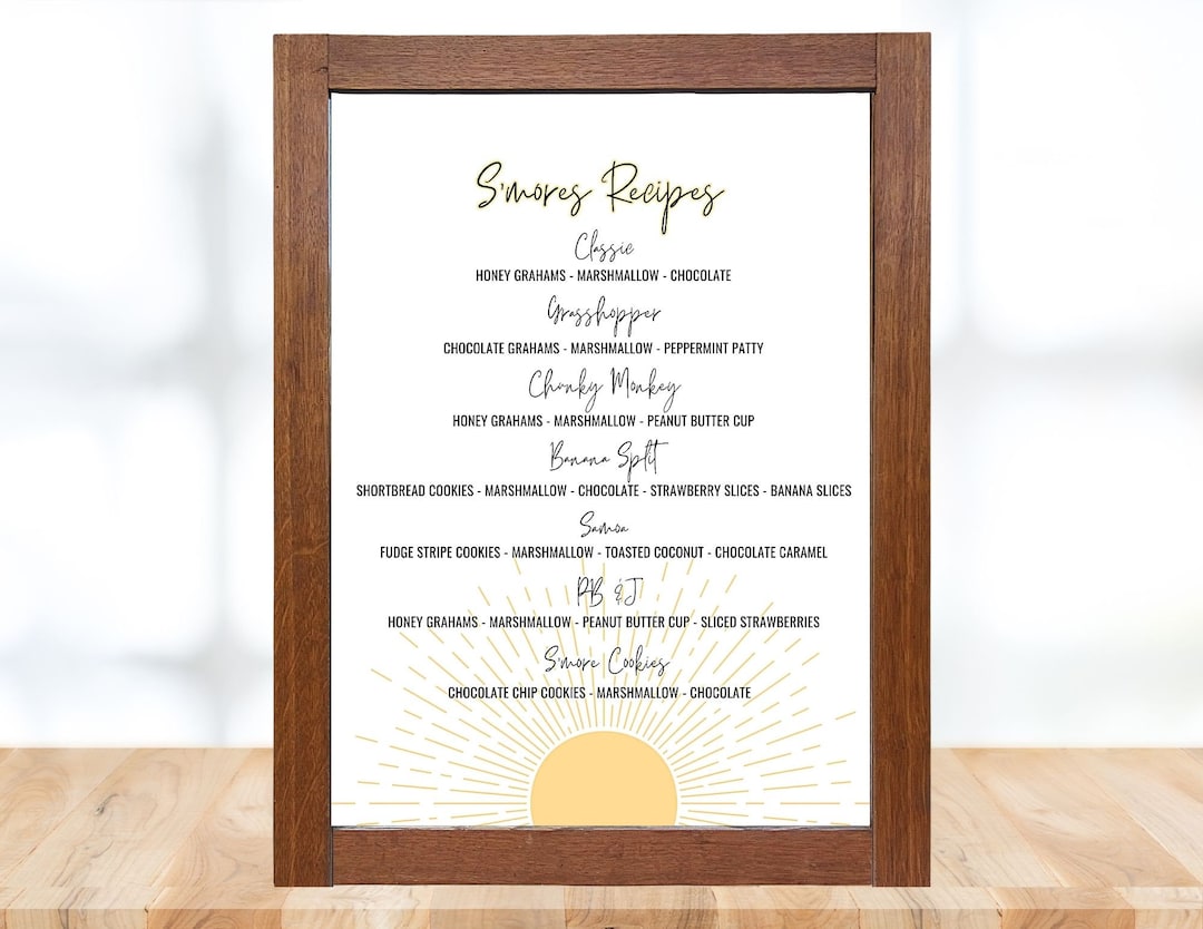 Smores Party Menu Sign, S'mores Ideas Menu, S'more Bar Sign for Bonfire ...