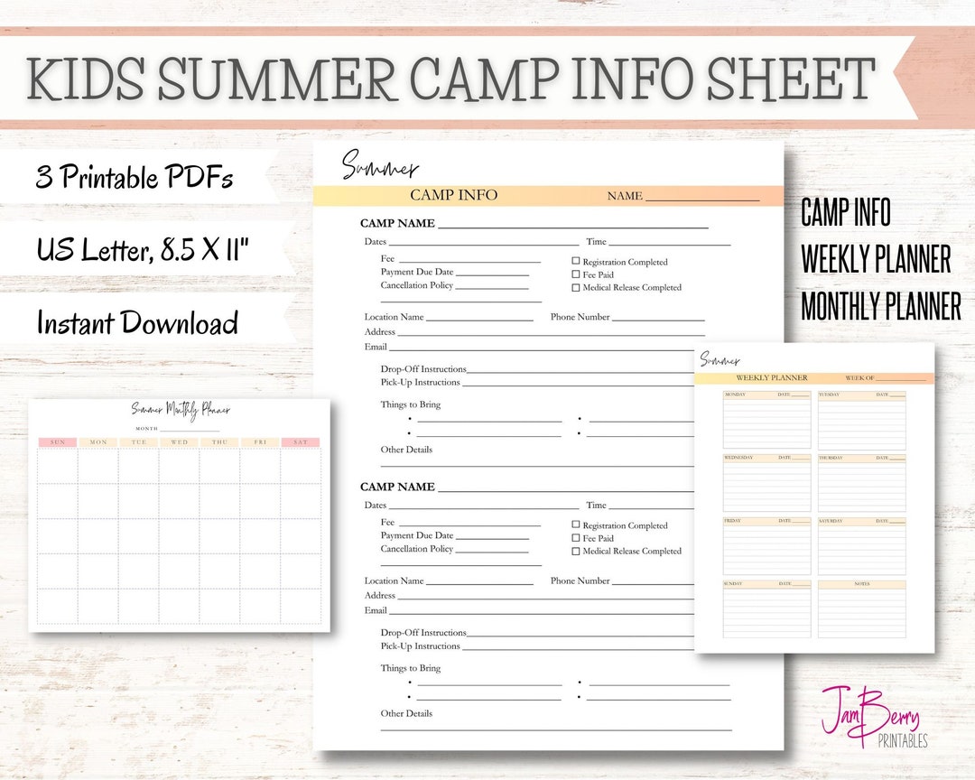 Kids Planner Summer Camp Info Organizer Planner Printable PDF ...